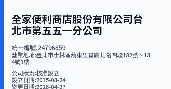 全家便利商店股份有限公司台北市第五五一分公司的照片-統編 24796859(臺北市) 公司登記資料與營業項目詳細圖表