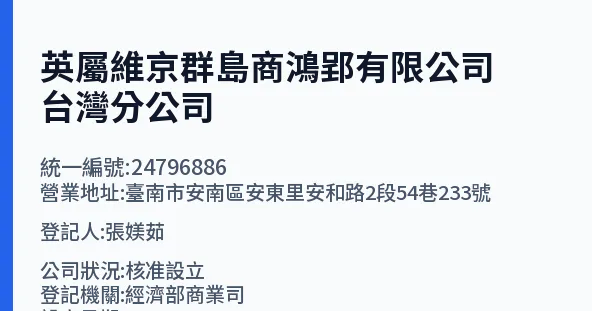 英屬維京群島商鴻郢有限公司台灣分公司的照片-統編 24796886(臺南市) 公司登記資料與營業項目詳細圖表