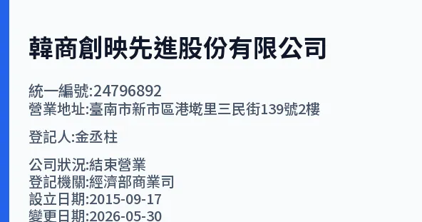 韓商創映先進股份有限公司的照片-統編 24796892(臺南市) 公司登記資料與營業項目詳細圖表
