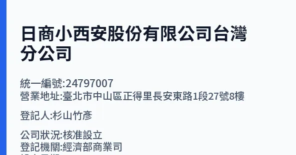日商小西安股份有限公司台灣分公司的照片-統編 24797007(臺北市) 公司登記資料與營業項目詳細圖表