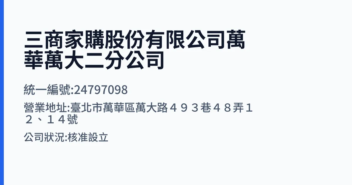 三商家購股份有限公司萬華萬大二分公司 - 統編 24797098(臺北市) 公司登記資料與營業項目詳細圖表