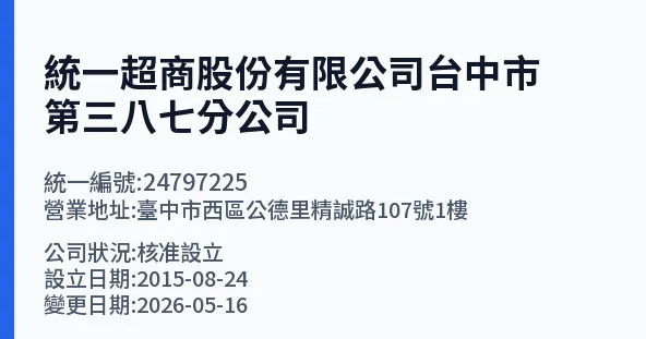 統一超商股份有限公司台中市第三八七分公司的照片-統編 24797225(臺中市) 公司登記資料與營業項目詳細圖表