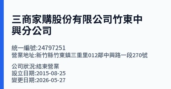 三商家購股份有限公司竹東中興分公司的照片-統編 24797251(新竹縣) 公司登記資料與營業項目詳細圖表