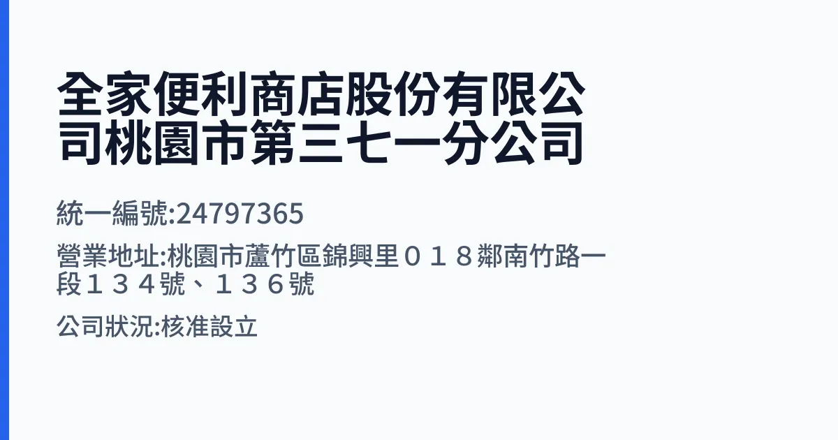 全家便利商店股份有限公司桃園市第三七一分公司 - 統編 24797365(桃園市) 公司登記資料與營業項目詳細圖表