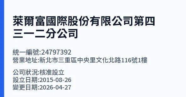 萊爾富國際股份有限公司第四三一二分公司的照片-統編 24797392(新北市) 公司登記資料與營業項目詳細圖表