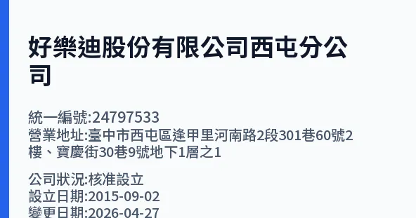 好樂迪股份有限公司西屯分公司的照片-統編 24797533(臺中市) 公司登記資料與營業項目詳細圖表
