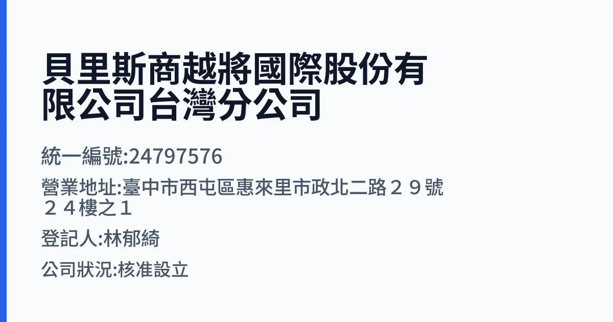 貝里斯商越將國際股份有限公司台灣分公司 - 統編 24797576(臺中市) 公司登記資料與營業項目詳細圖表