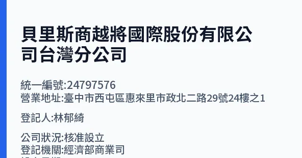 貝里斯商越將國際股份有限公司台灣分公司的照片-統編 24797576(臺中市) 公司登記資料與營業項目詳細圖表