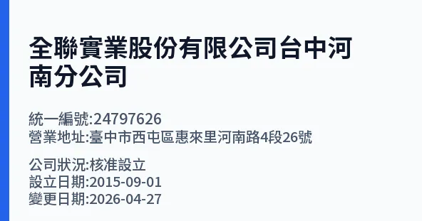 全聯實業股份有限公司台中河南分公司的照片-統編 24797626(臺中市) 公司登記資料與營業項目詳細圖表