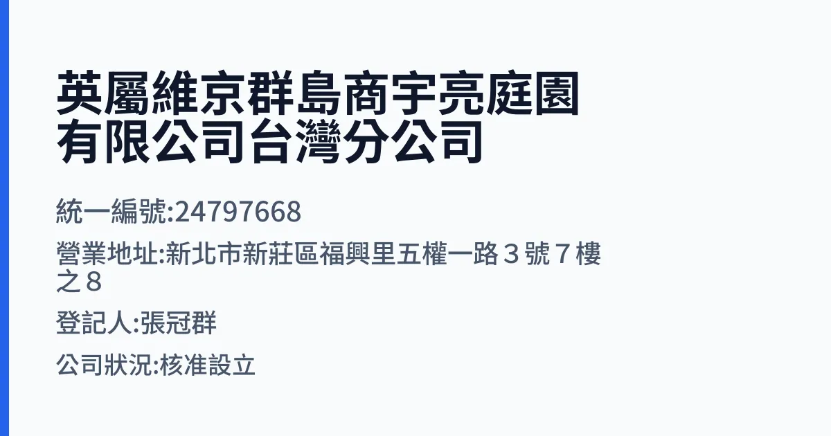 英屬維京群島商宇亮庭園有限公司台灣分公司 - 統編 24797668(新北市) 公司登記資料與營業項目詳細圖表
