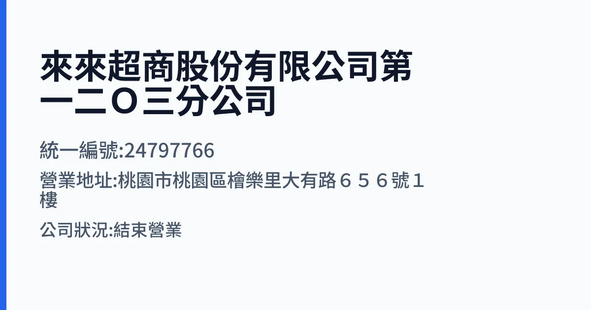 來來超商股份有限公司第一二Ｏ三分公司 - 統編 24797766(桃園市) 公司登記資料與營業項目詳細圖表