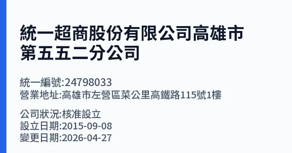 統一超商股份有限公司高雄市第五五二分公司的照片-統編 24798033(高雄市) 公司登記資料與營業項目詳細圖表