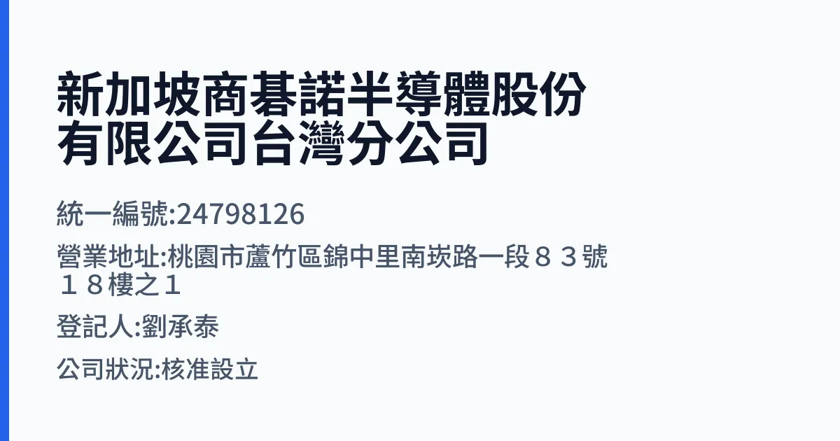 新加坡商碁諾半導體股份有限公司台灣分公司 - 統編 24798126(桃園市) 公司登記資料與營業項目詳細圖表