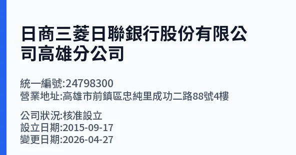 日商三菱日聯銀行股份有限公司高雄分公司的照片-統編 24798300(高雄市) 公司登記資料與營業項目詳細圖表