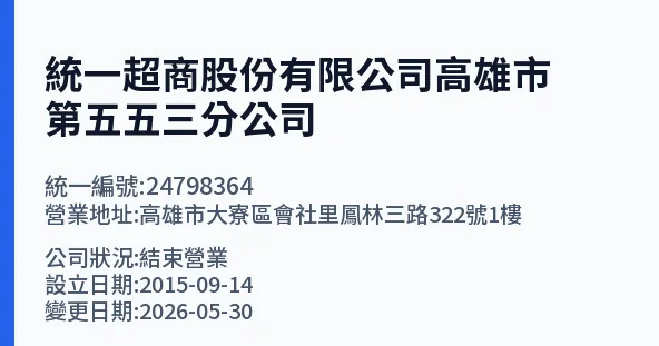 統一超商股份有限公司高雄市第五五三分公司的照片-統編 24798364(高雄市) 公司登記資料與營業項目詳細圖表