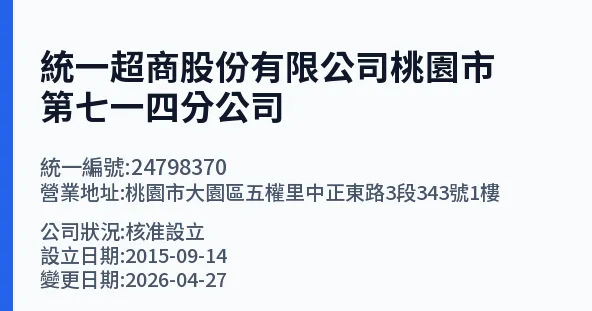 統一超商股份有限公司桃園市第七一四分公司的照片-統編 24798370(桃園市) 公司登記資料與營業項目詳細圖表