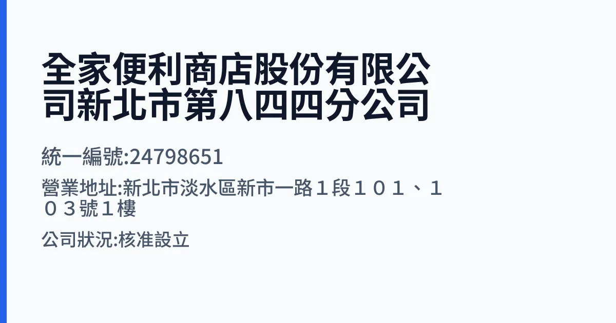 全家便利商店股份有限公司新北市第八四四分公司 - 統編 24798651(新北市) 公司登記資料與營業項目詳細圖表
