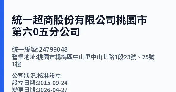 統一超商股份有限公司桃園市第六0五分公司的照片-統編 24799048(桃園市) 公司登記資料與營業項目詳細圖表