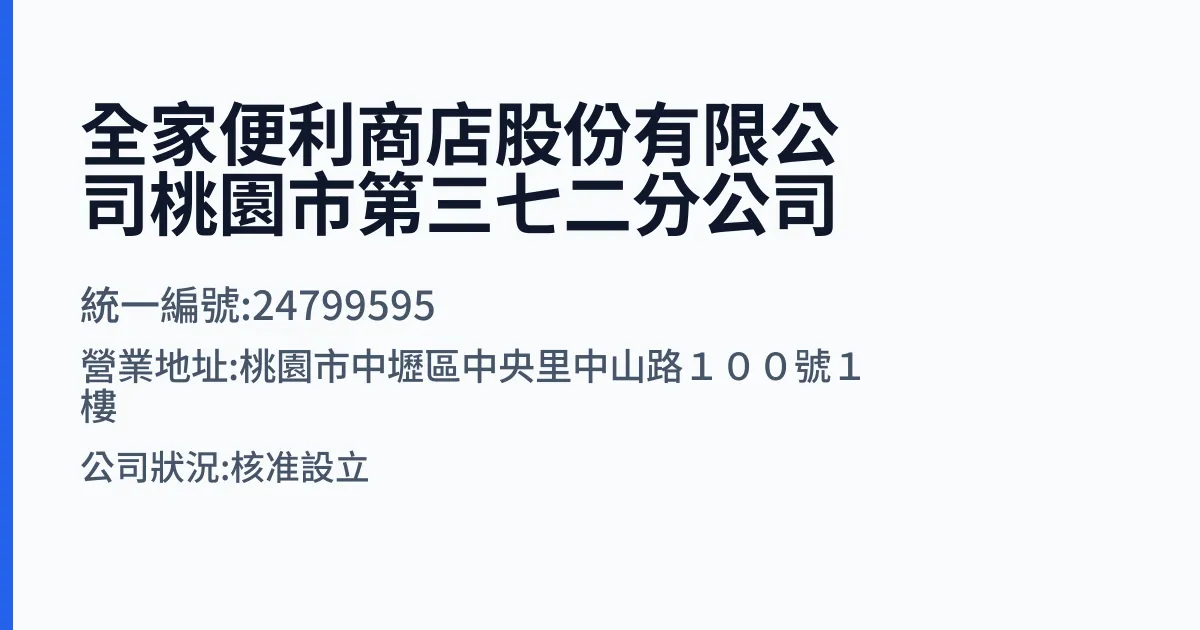 全家便利商店股份有限公司桃園市第三七二分公司 - 統編 24799595(桃園市) 公司登記資料與營業項目詳細圖表
