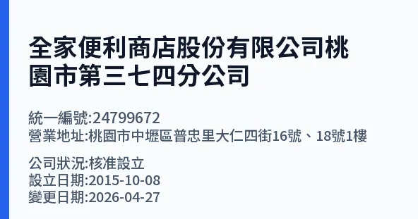 全家便利商店股份有限公司桃園市第三七四分公司的照片-統編 24799672(桃園市) 公司登記資料與營業項目詳細圖表