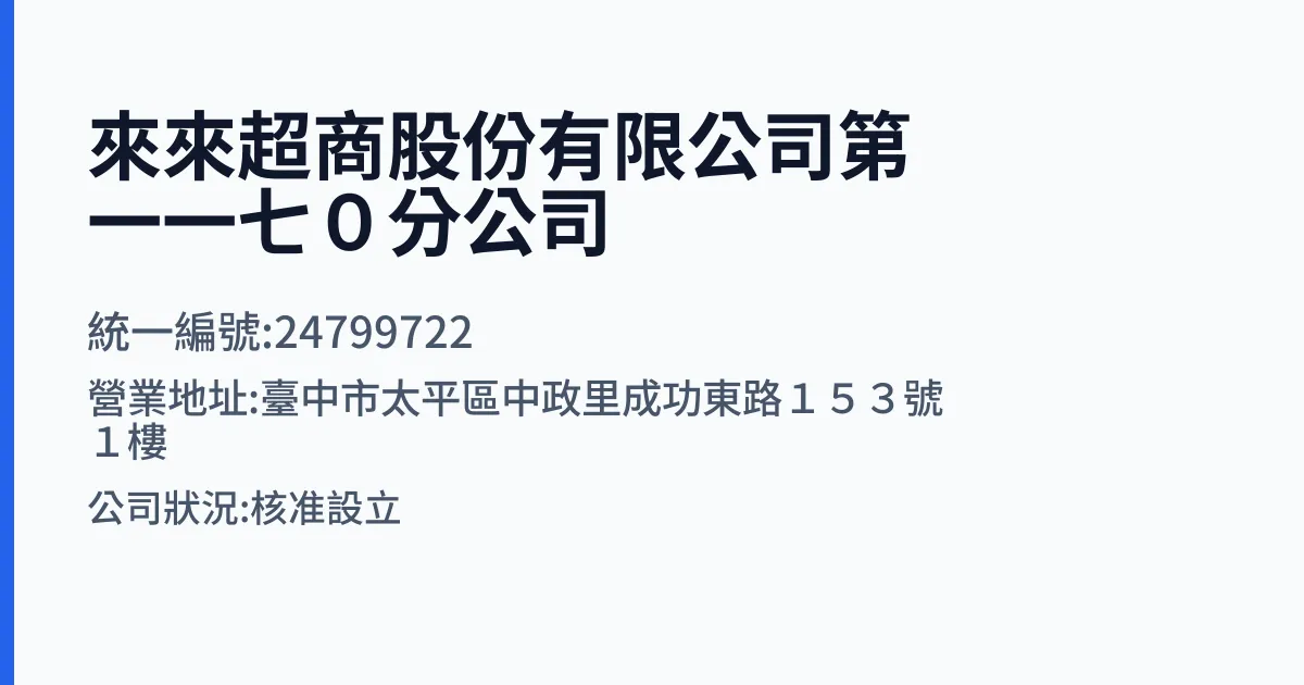 來來超商股份有限公司第一一七０分公司 - 統編 24799722(臺中市) 公司登記資料與營業項目詳細圖表