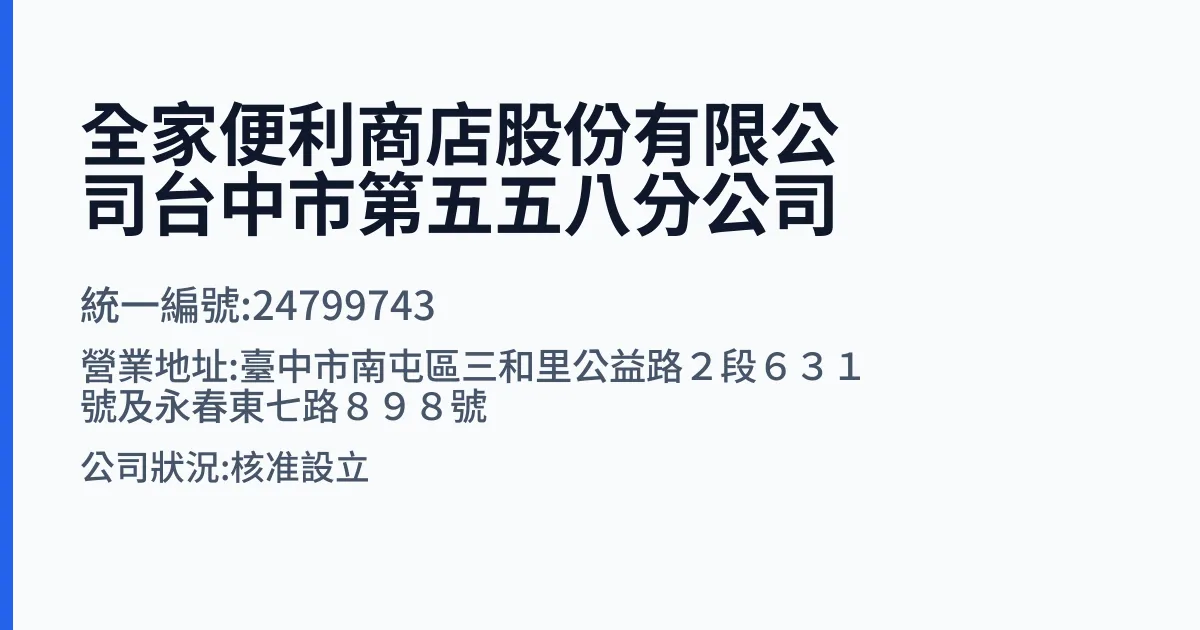 全家便利商店股份有限公司台中市第五五八分公司 - 統編 24799743(臺中市) 公司登記資料與營業項目詳細圖表