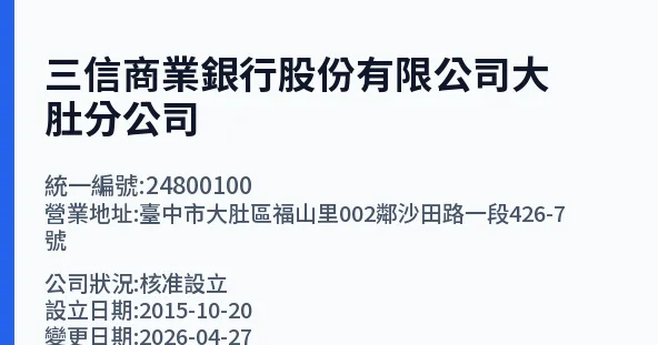 三信商業銀行股份有限公司大肚分公司的照片-統編 24800100(臺中市) 公司登記資料與營業項目詳細圖表