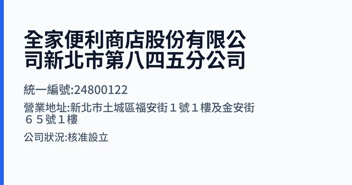 全家便利商店股份有限公司新北市第八四五分公司 - 統編 24800122(新北市) 公司登記資料與營業項目詳細圖表