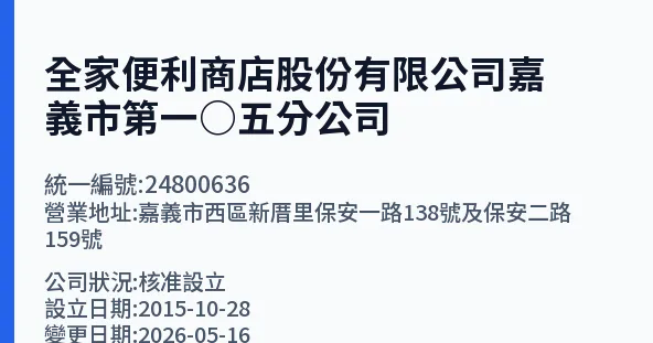 全家便利商店股份有限公司嘉義市第一○五分公司的照片-統編 24800636(嘉義市) 公司登記資料與營業項目詳細圖表
