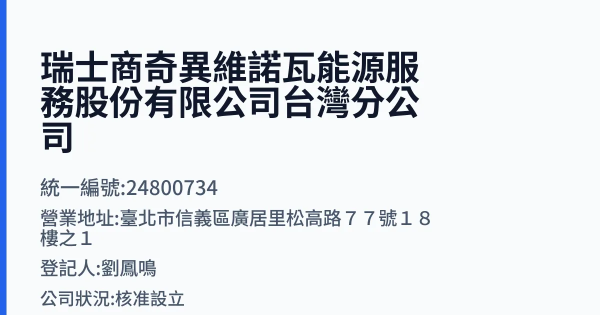 瑞士商奇異維諾瓦能源服務股份有限公司台灣分公司 - 統編 24800734(臺北市) 公司登記資料與營業項目詳細圖表