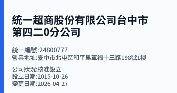 統一超商股份有限公司台中市第四二0分公司的照片-統編 24800777(臺中市) 公司登記資料與營業項目詳細圖表