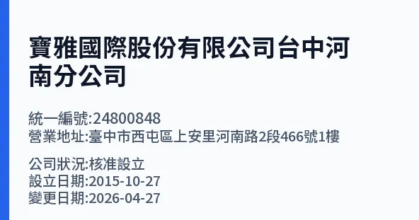寶雅國際股份有限公司台中河南分公司的照片-統編 24800848(臺中市) 公司登記資料與營業項目詳細圖表