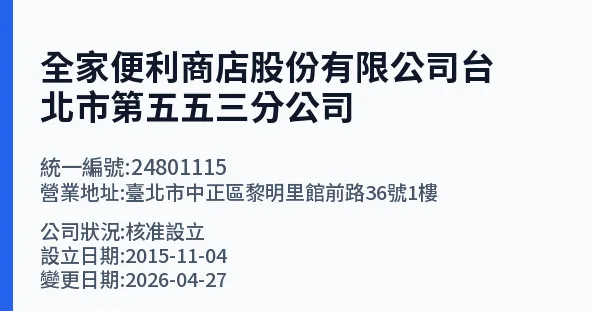 全家便利商店股份有限公司台北市第五五三分公司的照片-統編 24801115(臺北市) 公司登記資料與營業項目詳細圖表