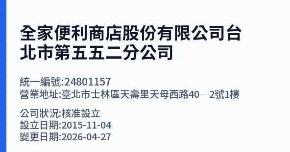 全家便利商店股份有限公司台北市第五五二分公司的照片-統編 24801157(臺北市) 公司登記資料與營業項目詳細圖表