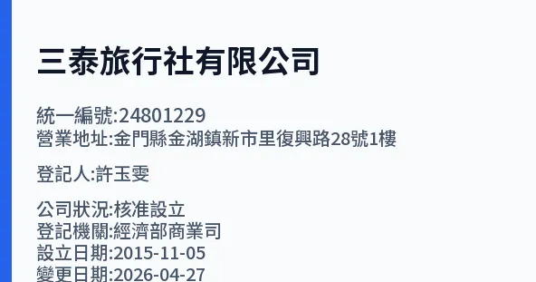 三泰旅行社有限公司的照片-統編 24801229(金門縣) 公司登記資料與營業項目詳細圖表