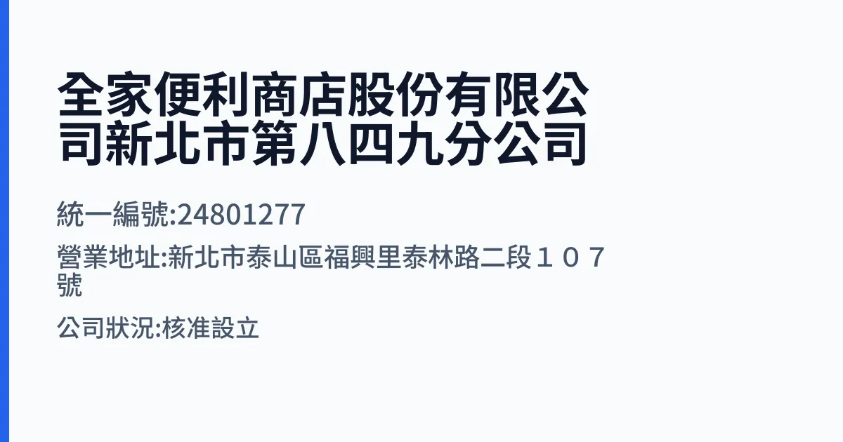 全家便利商店股份有限公司新北市第八四九分公司 - 統編 24801277(新北市) 公司登記資料與營業項目詳細圖表