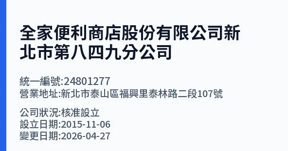 全家便利商店股份有限公司新北市第八四九分公司的照片-統編 24801277(新北市) 公司登記資料與營業項目詳細圖表