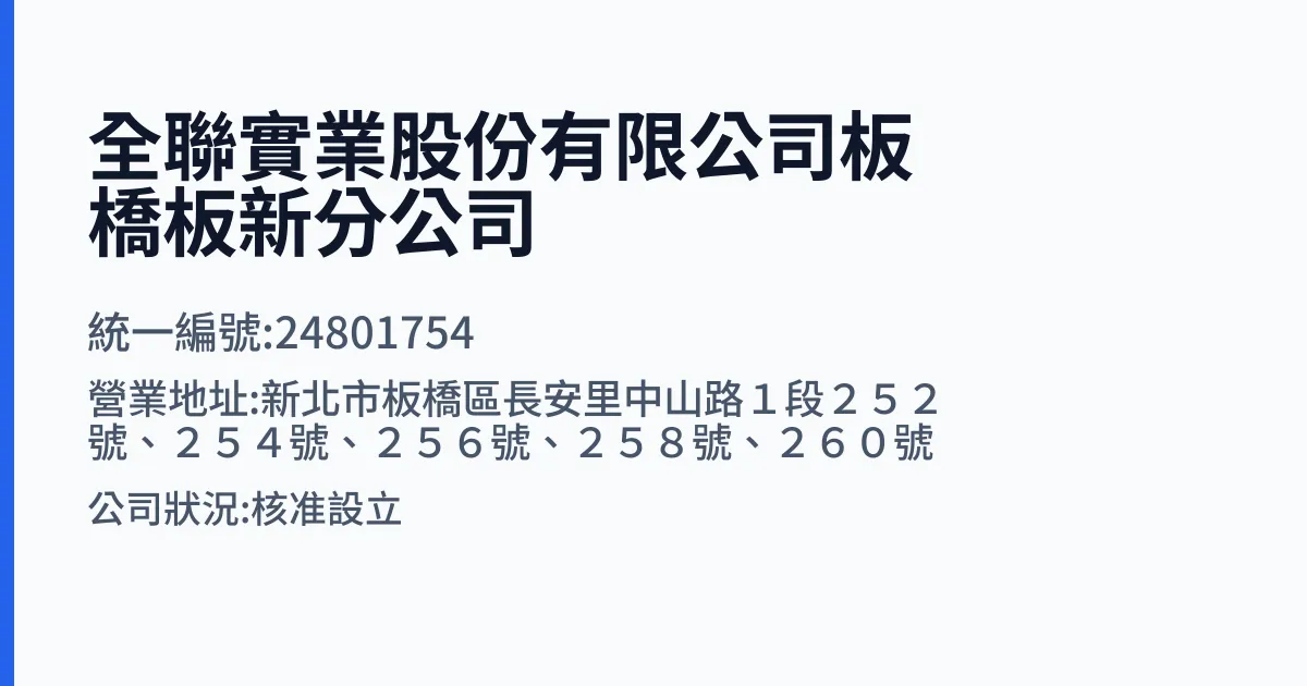 全聯實業股份有限公司板橋板新分公司 - 統編 24801754(新北市) 公司登記資料與營業項目詳細圖表