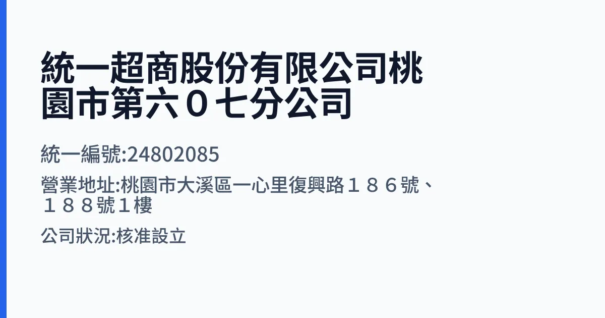 統一超商股份有限公司桃園市第六０七分公司 - 統編 24802085(桃園市) 公司登記資料與營業項目詳細圖表