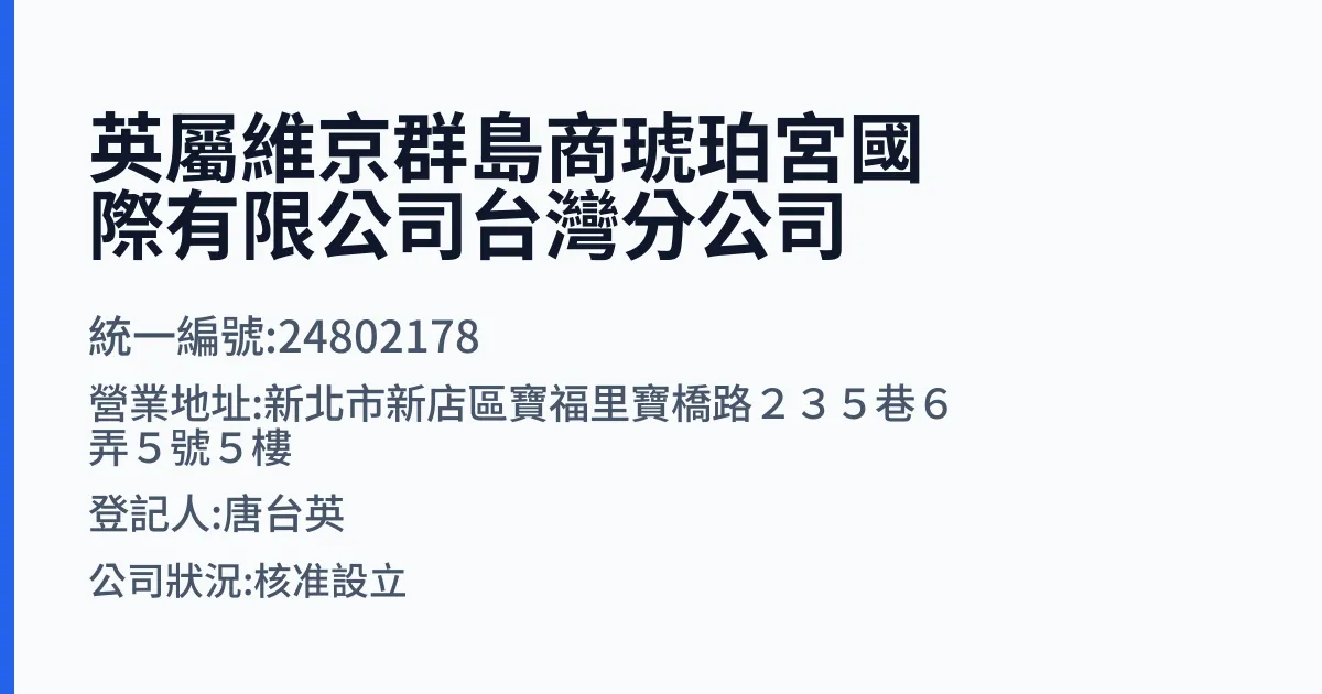 英屬維京群島商琥珀宮國際有限公司台灣分公司 - 統編 24802178(新北市) 公司登記資料與營業項目詳細圖表