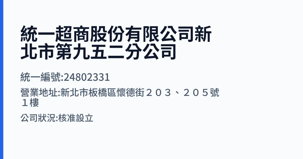 統一超商股份有限公司新北市第九五二分公司 - 統編 24802331（新北市） 公司登記資料與營業項目詳細圖表
