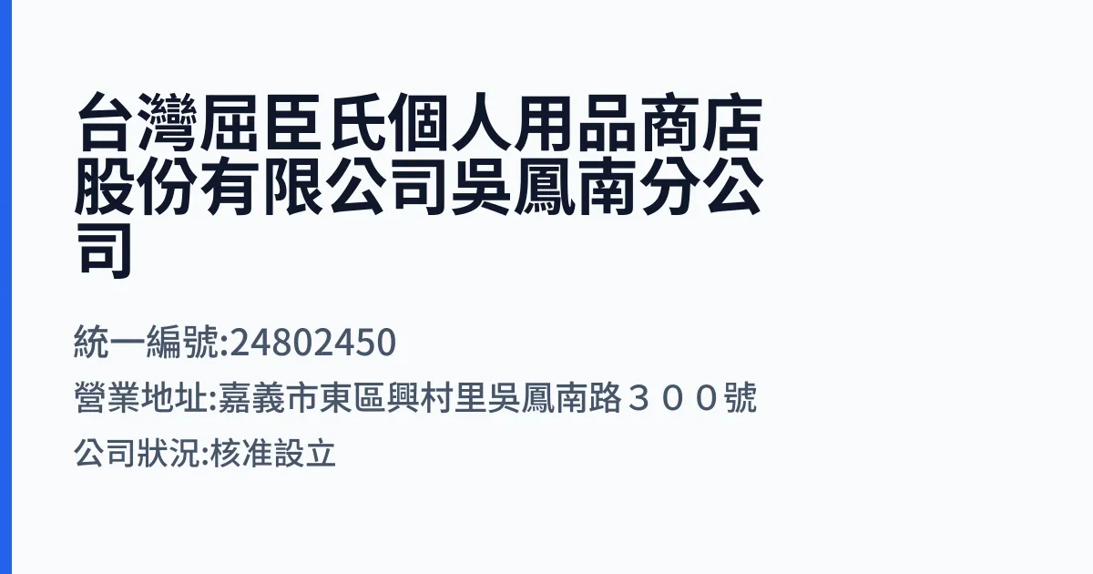 台灣屈臣氏個人用品商店股份有限公司吳鳳南分公司 - 統編 24802450(嘉義市) 公司登記資料與營業項目詳細圖表
