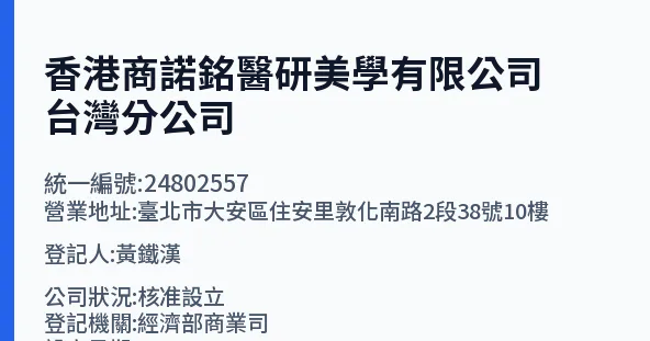 香港商諾銘醫研美學有限公司台灣分公司的照片-統編 24802557(臺北市) 公司登記資料與營業項目詳細圖表