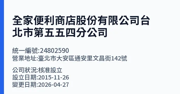 全家便利商店股份有限公司台北市第五五四分公司的照片-統編 24802590(臺北市) 公司登記資料與營業項目詳細圖表