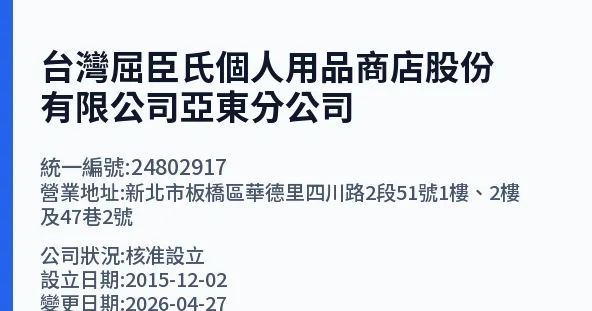 台灣屈臣氏個人用品商店股份有限公司亞東分公司的照片-統編 24802917(新北市) 公司登記資料與營業項目詳細圖表