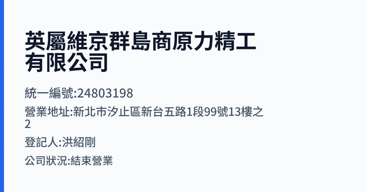 英屬維京群島商原力精工有限公司 - 統編 24803198(新北市) 公司登記資料與營業項目詳細圖表