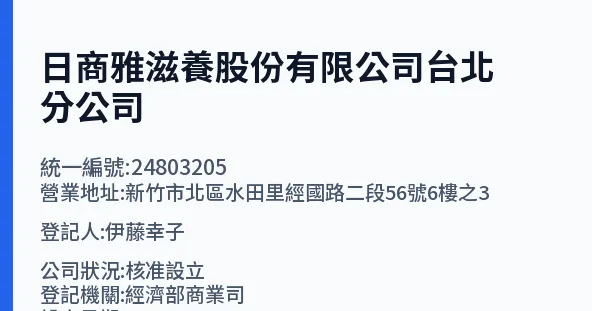 日商雅滋養股份有限公司台北分公司的照片-統編 24803205(新竹市) 公司登記資料與營業項目詳細圖表