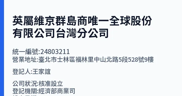 英屬維京群島商唯一全球股份有限公司台灣分公司的照片-統編 24803211(臺北市) 公司登記資料與營業項目詳細圖表