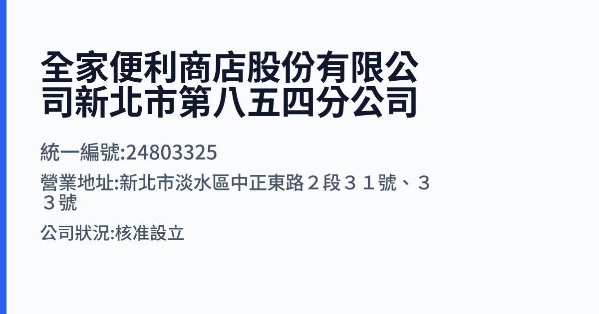 全家便利商店股份有限公司新北市第八五四分公司 - 統編 24803325(新北市) 公司登記資料與營業項目詳細圖表