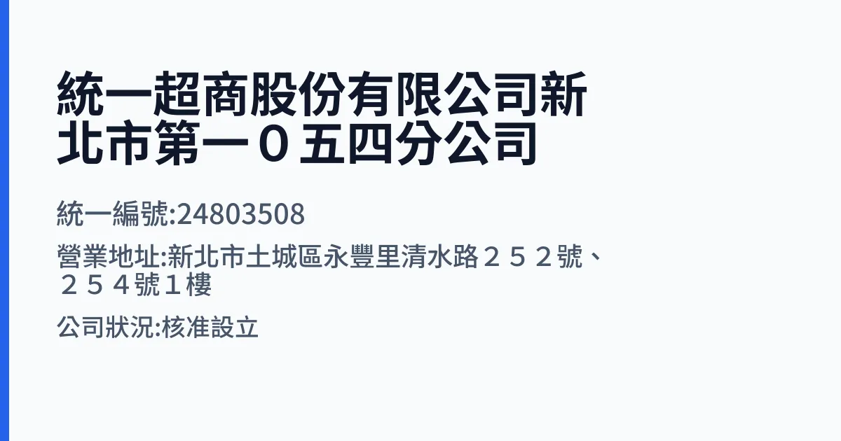 統一超商股份有限公司新北市第一０五四分公司 - 統編 24803508(新北市) 公司登記資料與營業項目詳細圖表